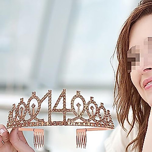 Ceqiny 14th Birthday Sash Tiara and Crowns for Girls, Birthday Queen Rose Gold Tiara, Princess Tiara Rhinestone Headbands with Combs Bridal Wedding Tiaras for Wedding Prom Bridal Party Christmas