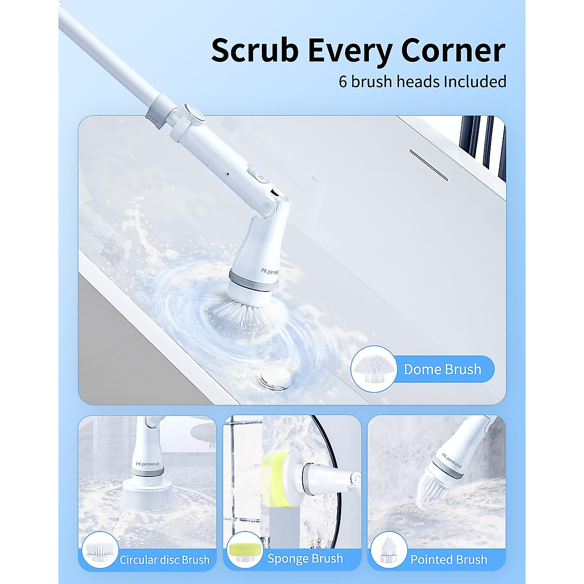 Electric Spin Scrubber, 1000RPM Cordless Extension Shower Cleaning Brush, 4 Replaceable Heads, DS-268B Electric Power Scrubber 49-inch Handheld Cleaner for Bathroom, Toilet, Tile Floors and Tub