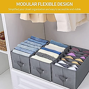 Wardrobe Clothes Organizer, 2 Pack Durable 7 Grids Clothes Organizer for Folded Clothes, Washable Closet Drawer Storage Organizer for Large Bra, Clothes, Pants, Jeans, T-Shirt, Medium, Drak Grey