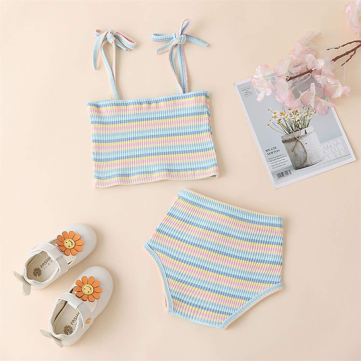 MODNTOGA Newborn Toddler Baby Girls Summer Clothes Set Rainbow Outfits Sleeveless Halter Tank Top Striped Shorts Pants (Blue Yellow, 3-6 Months)