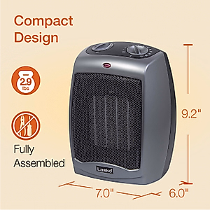 Lasko 754201 Small Portable 1500W Electric Ceramic Space Heater with Tip-Over Safety Switch, Overheat Protection, Thermostat and Extra Long 8-ft Cord for Indoor Ho, 9.2 x 7 x 6 inches, Gray