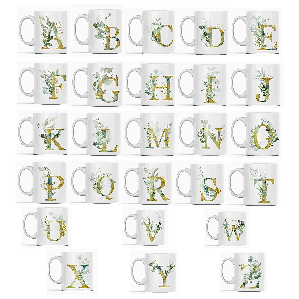 Alpha/E Graphic Letter E Coffee Mug - Alphabet Monogram E - Gold Shimmer Floral Tea Cup for Her Birthday, Christmas, Mother's Day - 15oz