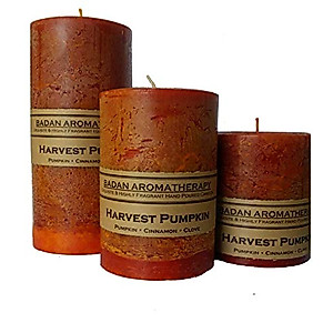 Harvest Pumpkin Spice Cinnamon Clove Scented Pillar Candle Set (3 Piece Set, Rustic, Dark Orange)