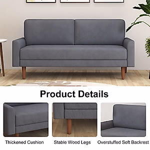 EBELLO 67" Corduroy Modern Sofa Couch, Cozy Comfy Overstuffed 2 Seat Loveseat Couch Sofa with Solid Wood Feet, Soft Padded Seat Small Living Room Futon for Apartment, Gray