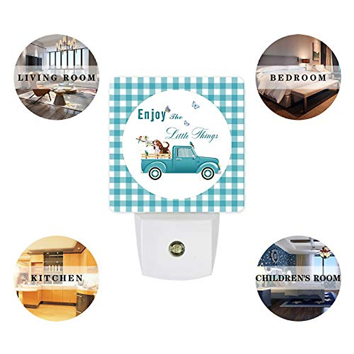 Night Lights Auto Sensor Truck With Dog Plug-in LED Nightlights Dusk to Dawn for Living Room, Bedroom, Bathroom, Kitchen, Hallway, Stairways, Butterfly Flower Teal Green Buffalo Check Plaid