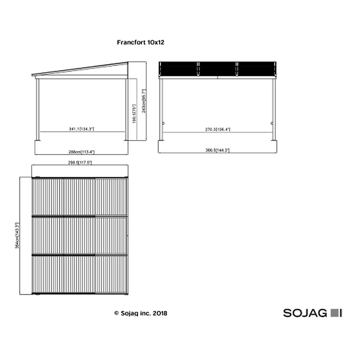 Sojag 10' x 12' Francfort Wall-Mounted Hardtop Gazebo Outdoor Weather-Resistant Aluminum Frame Sun Shelter Black,Brown