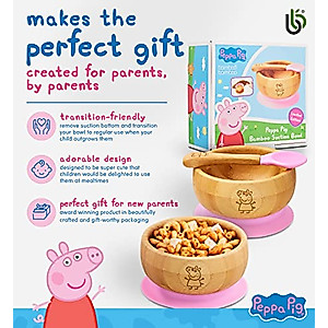 Peppa Pig Suction Bowl for Baby – Bamboo Baby Bowl and Spoon Set with Removable Silicone Suction Cup for Kids | 12oz | Non-Toxic | Cool to The Touch | Ideal for Baby-Led Weaning (Peppa Pig)