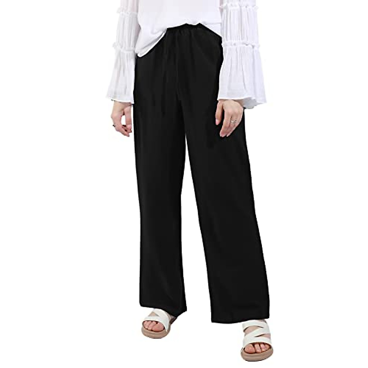utcoco Women's Cotton Linen Drawstring High Waisted Pants Casual Loose Fit Wide Leg Trousers (L, Black)