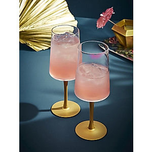 Spode Creatures of Curiosity Collection Gold Stem Wine Glasses Set of 2, Long Stem Rosé, Red and White Wine Glass, 12-Ounce Cup, Glass Stemware with Gift Box