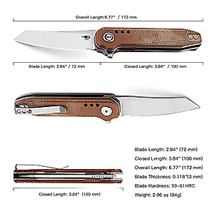 BESTECH KNIVES Pocket Folder Folding Knife: 2.84" 14C28N Steel Reverse Tanto Blade, Micarta Scales, Flipper, Liner Lock, EDC Steel Clip, BG40E (Natural Micarta)