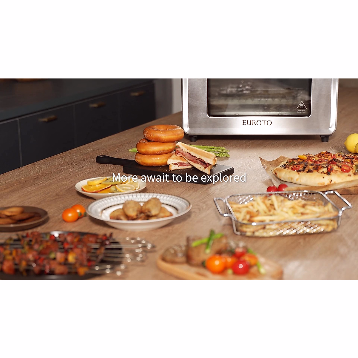 EUROTO Stainless Steel Large Capacity 26.8 QT Air Fryer Oven, 24 in 1 Multi-function, 360 Air Circulation Toaster Oven, LCD digital Display, 4 Layer Shelves, Included Oven Gloves & Apron Up to 450°F