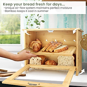 Pristine Bamboo Bread Box for Kitchen Countertop - Double Layer Bread Storage Bin with Clear Windows - Rustic Farmhouse Style Bread Bin, Wooden Large Capacity Bamboo Food Storage Bin (Self-Assembly)