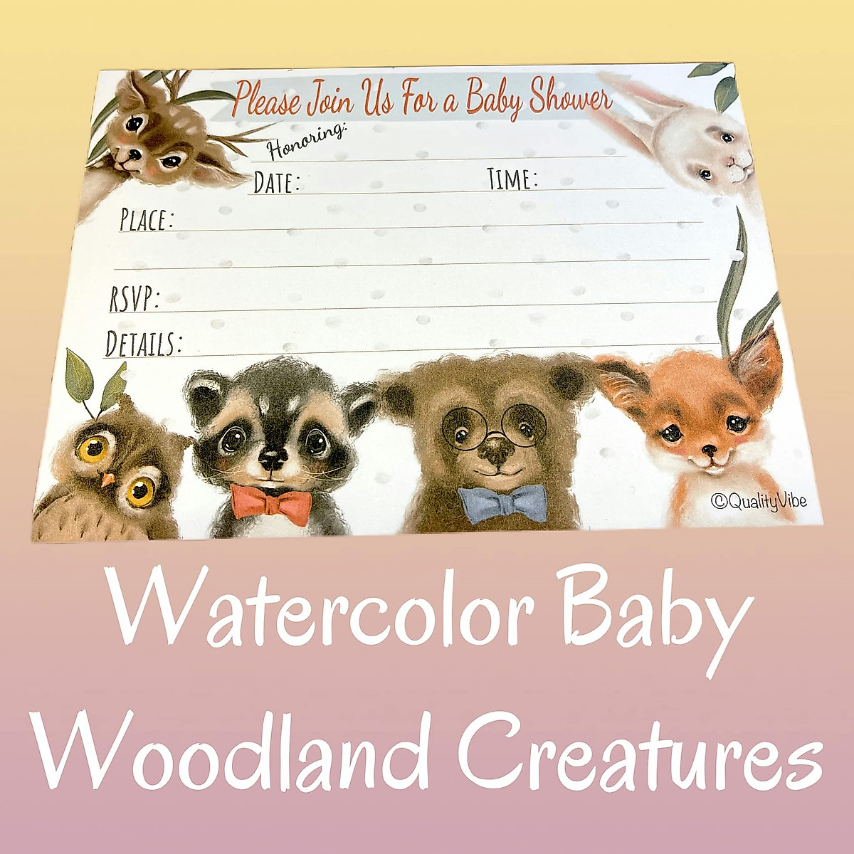 Baby Shower Invitations Woodland Creatures For Baby Boy or girl. Set Includes 25 Invites, 25 Baby Book Inserts, 25 Diaper Raffle & 25 Envelopes. Watercolor Design Bear, Racoon, Deer, Rabbit & Fox.