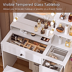 Spurgehom Makeup Vanity Desk with Mirror and Lights White Vanity Set with Drawers and Stool 37" Glass Top Dressing Table Shelves and Storage Cabinet 3 Lighting Modes Brightness Adjustable for Bedroom