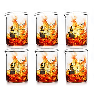 EISCO 6PK Beakers, 1000mL - Low Form with Spout - White, 100mL Graduations - Borosilicate Glass