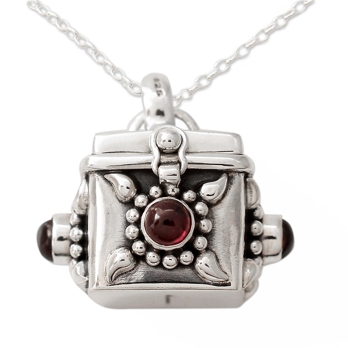 NOVICA Handmade .925 Sterling Silver Garnet Prayer Box Pendant Necklace Artisan Crafted in Burgundy Red India Spiritual Birthstone 'Royal Prayer'