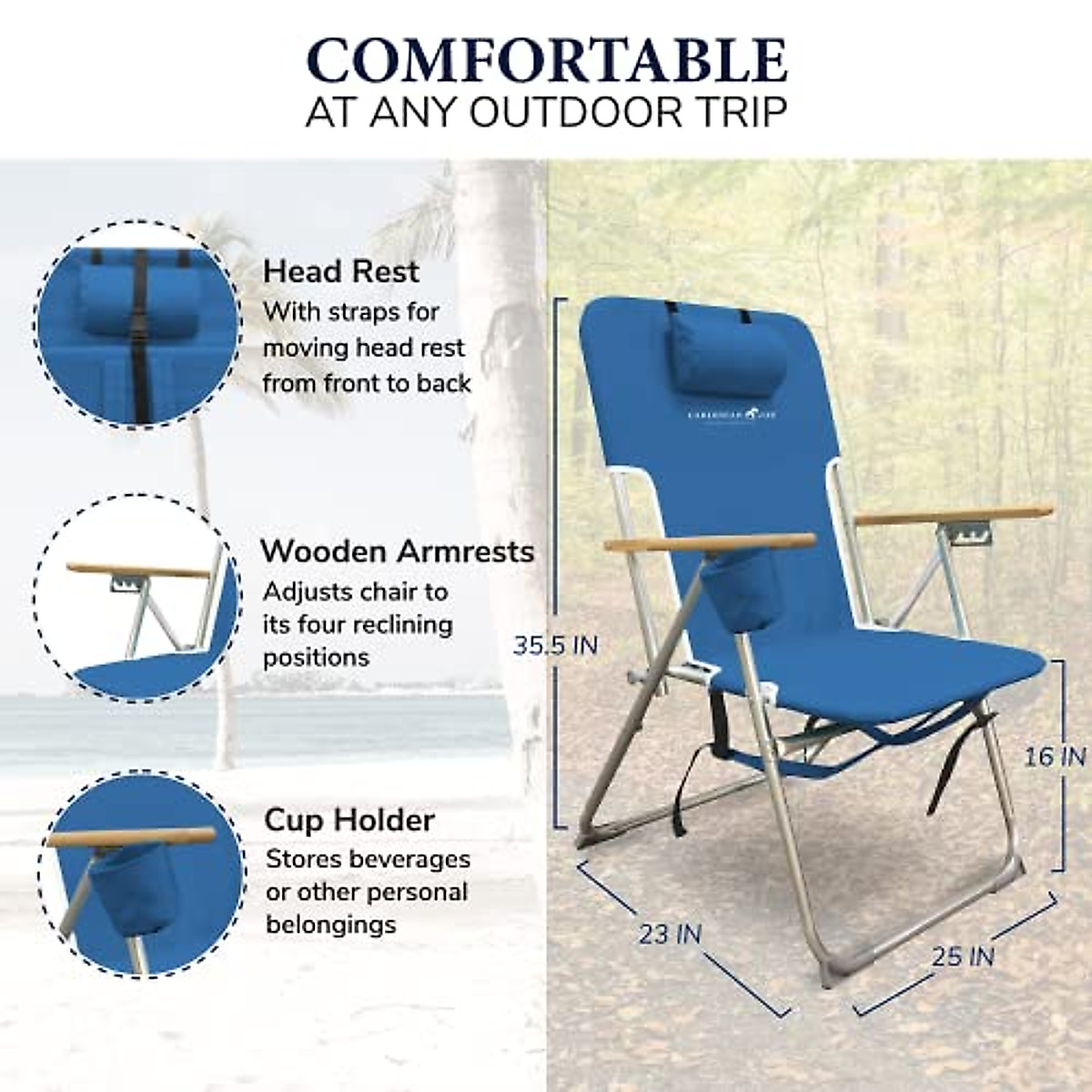 Caribbean Joe Folding Beach Chair, 4 Position Portable Backpack Foldable Camping Chair with Headrest, Cup Holder, and Wooden Armrests, Blue
