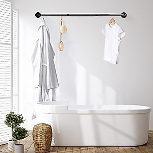 MOUTIK Industrial Pipe Clothes Hanging Rack: Wall Mounted Iron Clothing Storage Hanger Rod - Heavy Duty Multi-Purpose Metal Garment Bar for Closet Laundry Room Black