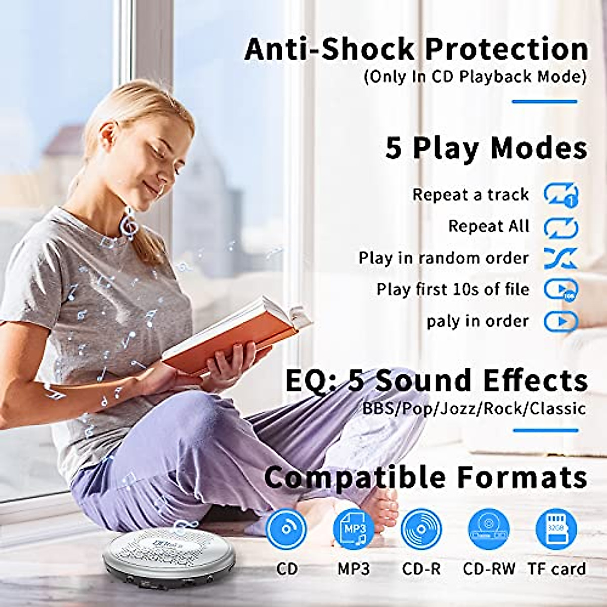 CD Player Portable, ARAFUNA Rechargeable Portable CD Players for Car with Speakers, Anti-Skip Walkman CD Player with Backlit Button, LCD Display and AUX Cable