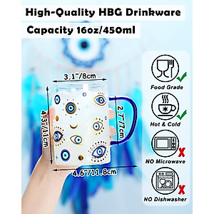Nefelibata Evil Eye Glass Coffee Cup with Handle 16oz Glass Can for Hot/Cold Beverages Cappuccino Latte Espresso Beer Hamsa Blue Evil Eye for Protection Tumbler Mug Heat-Resistant and Freezer Safe