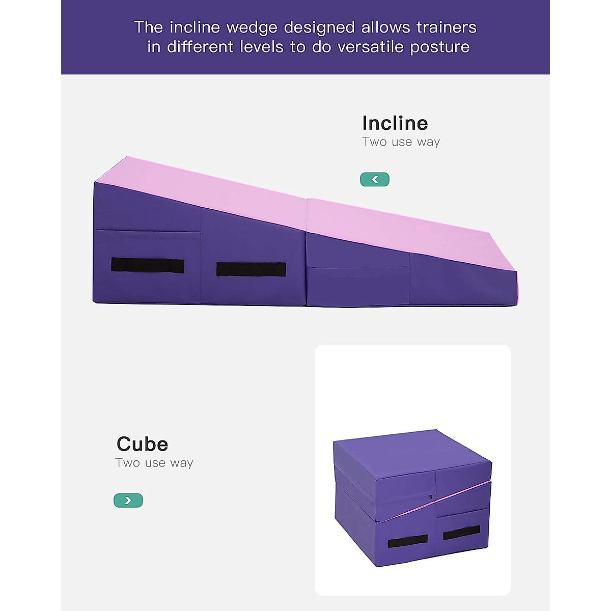 HHS Gymnastics Mat 48 inchx24 inchx14 inch Folding Gymnastics Mat Incline Cheese Wedge Mat Non-slip PVC Surface & Zipper Seal Design Gym Fitness Tumbling Skill Shape Mat for Kids Girls Adult, Pink