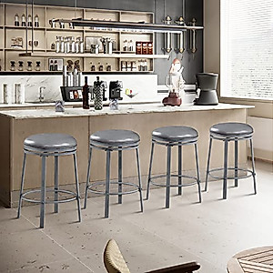 OUllUO Swivel Bar Stools Set of 2, 25 Inch Backless Counter Bar Height Stools, PU Leather Round Kitchen Counter Stools, Industrial Kitchen Island Stools with Metal Base, 520P-SGPU, Grey, 2Pcs