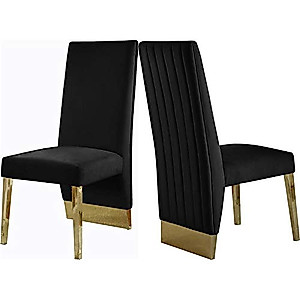 Meridian Furniture Porsha Collection Modern | Contemporary Dining Chair with Deep Channel Tufted Back and Sturdy Metal Legs, Set of 2, 19.5" W x 27" D x 42" H, Black Velvet Upholstered