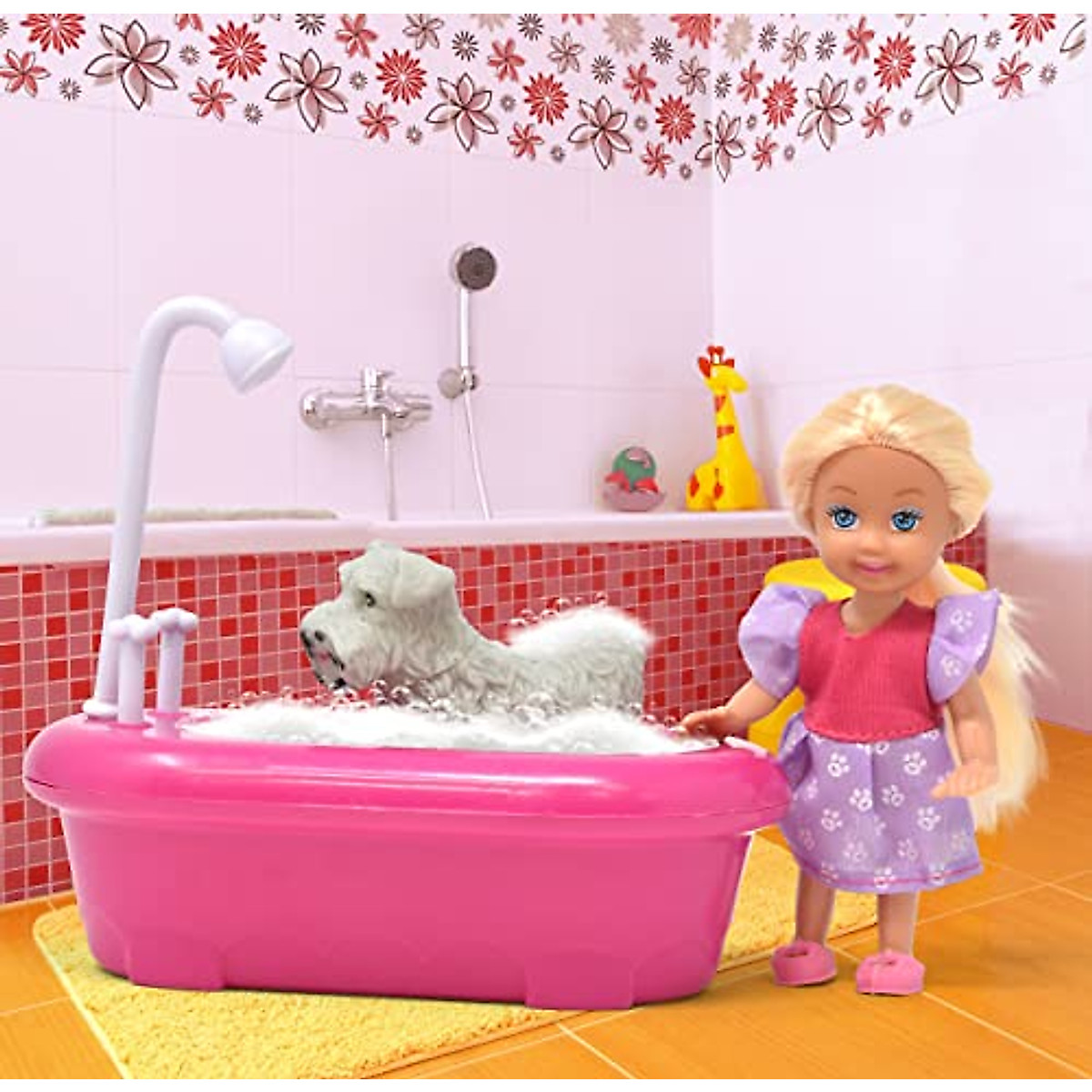 Gift Boutique 4.5 Inch Mini Small Doll with Bathtub Toy Set, Miniature Fashion Doll with Blond Hair and Little Puppy for Toddlers Kids Girls Age 3 4 5 6 7 8 Year Old