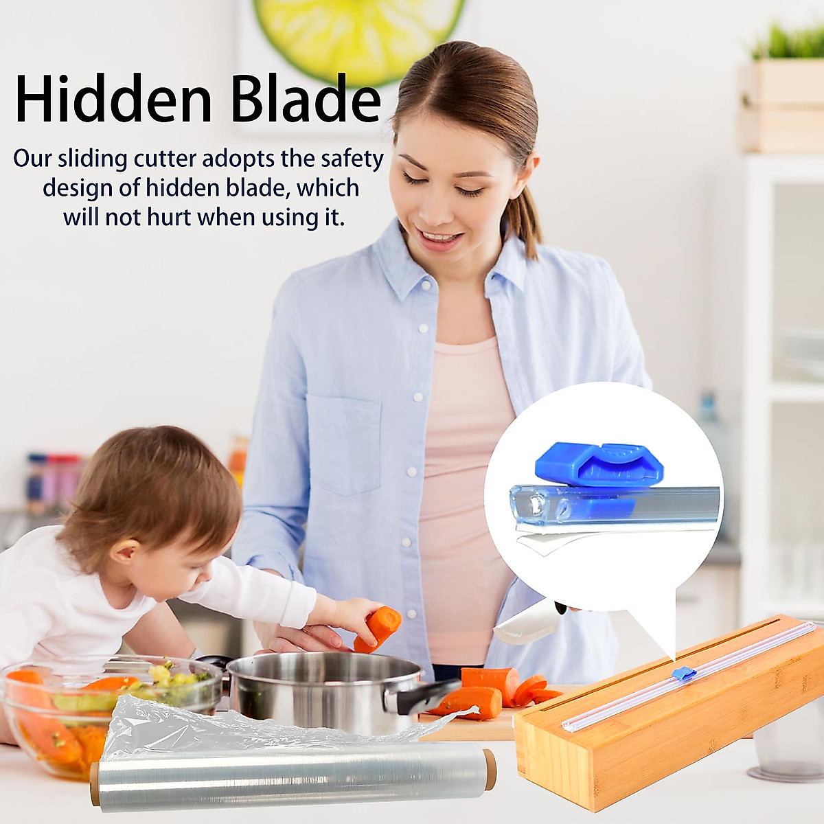 BoxThink Bamboo Wood Plastic Wrap Dispenser with Slide Cutter Also for 12 inch Aluminum foil, Parchment Paper, Cling Wrap Dispenser Sturdy and Reusable (12inch With Slide Cutte)