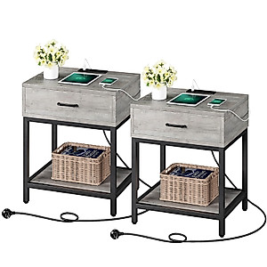 GAOMON 3 Pieces Bedroom Furniture Set, Queen Metal Platform Bed Frame with Night Stand Set 2, Bed Frame with Storage and Steel Slat Support, Nightstand with Charging Station and Drawer, Bedroom Sets