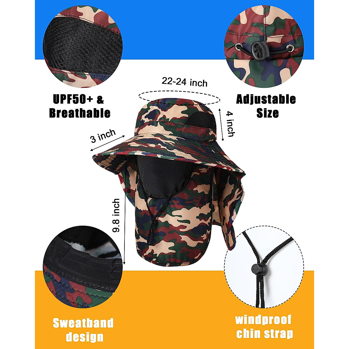 9 Pcs Summer Fishing Hat Women Men Sun Hats with UV Protection Wide Brim Outdoor Hat with Face Cover and Neck Flap Rollable Fishing Cap with Removable Face Flap for Gardening Hiking Beach, 7 Colors