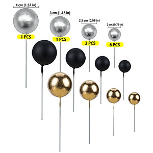 Gyufise 30Pcs Ball Cake Toppers Ball Cake Picks Ball Shaped Cupcake Insert Cake Topper for Bear Theme Birthday Party Favors Wedding Decoration Supplies Black Gold Silver