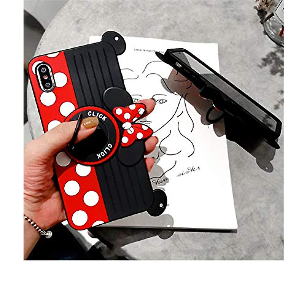 for iPhone XR Case Cute iPhone XR Case Minnie 3D Carton Camera with Rotating Ring Grip Holder Kickstand Lanyard Teens Girls Women Kids Soft Silicone Rubber Phone Case Cover for iPhone XR -6.1" (XR)