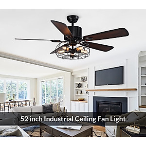 NOXARTE 52 inch Farmhouse Industrial Ceiling Fan with Light and Remote, Vintage Black Cage Fandelier, 5 Reversible Blades Chandelier Fans Light Kit for Bedroom Living Room, Quiet Motor