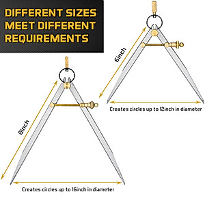 OSSIJAY 2 PCS Adjustable Lockable Spring Wing Divider Calipers, 6 Inch and 8 Inch Steel Leather Compass Creaser, Drafting Compass Tool for Woodworking, Metalworking, Geometry Drawing
