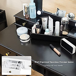 Caroeas Vanity, Tri-Fold Makeup Vanity with Mirror, Lights and Padded Vanity Stool, Solid Wooden Vanity Set, 4 Drawers, 2 Brush Slots and 2 Open Compartments, Black Vanity Table