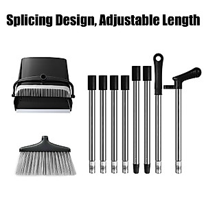Broom and Dustpan Set with Long Handle, Windproof Stand Up Dustpan with Broom Combo for Home Kitchen Room Office Lobby Floor Use (Black&Grey, 45.3IN)