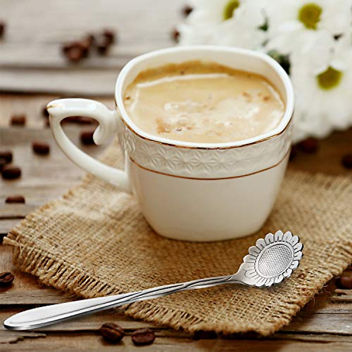 8 Pieces Flower Spoon Coffee Teaspoon Set Stainless Steel Tableware Creative Sugar Spoon Tea Spoon Stir Bar Spoon Stirring Spoon, 8 Different Patterns (Silver)