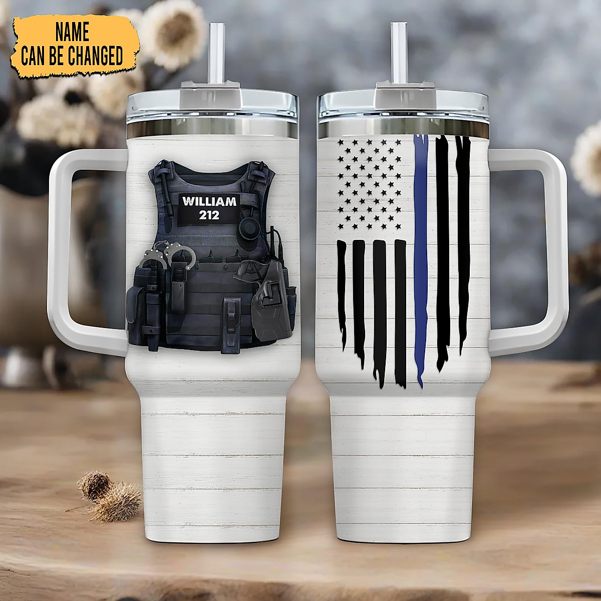 Hyturtle Police Gifts Personalized Thin Blue Line Tumbler US Flag Police Academy Graduation Gifts for Men Cops Officer Retirement 40 Oz Tumbler With Lid And Straw