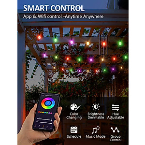 XMCOSY+ Outdoor String Lights, Smart 49Ft Patio Lights RGB, App & WiFi Control Color Changing LED String Lights with Dimmable 15 LED Bulbs, Works with Alexa, IP65 Waterproof, Shatterproof