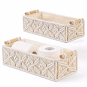 TIMEYARD Macrame Storage Baskets for Toilet Paper, Small Decorative Shelf Baskets for Bedroom, Bathroom, Living room, Boho Decor Box for small items, Set of 2, Beige
