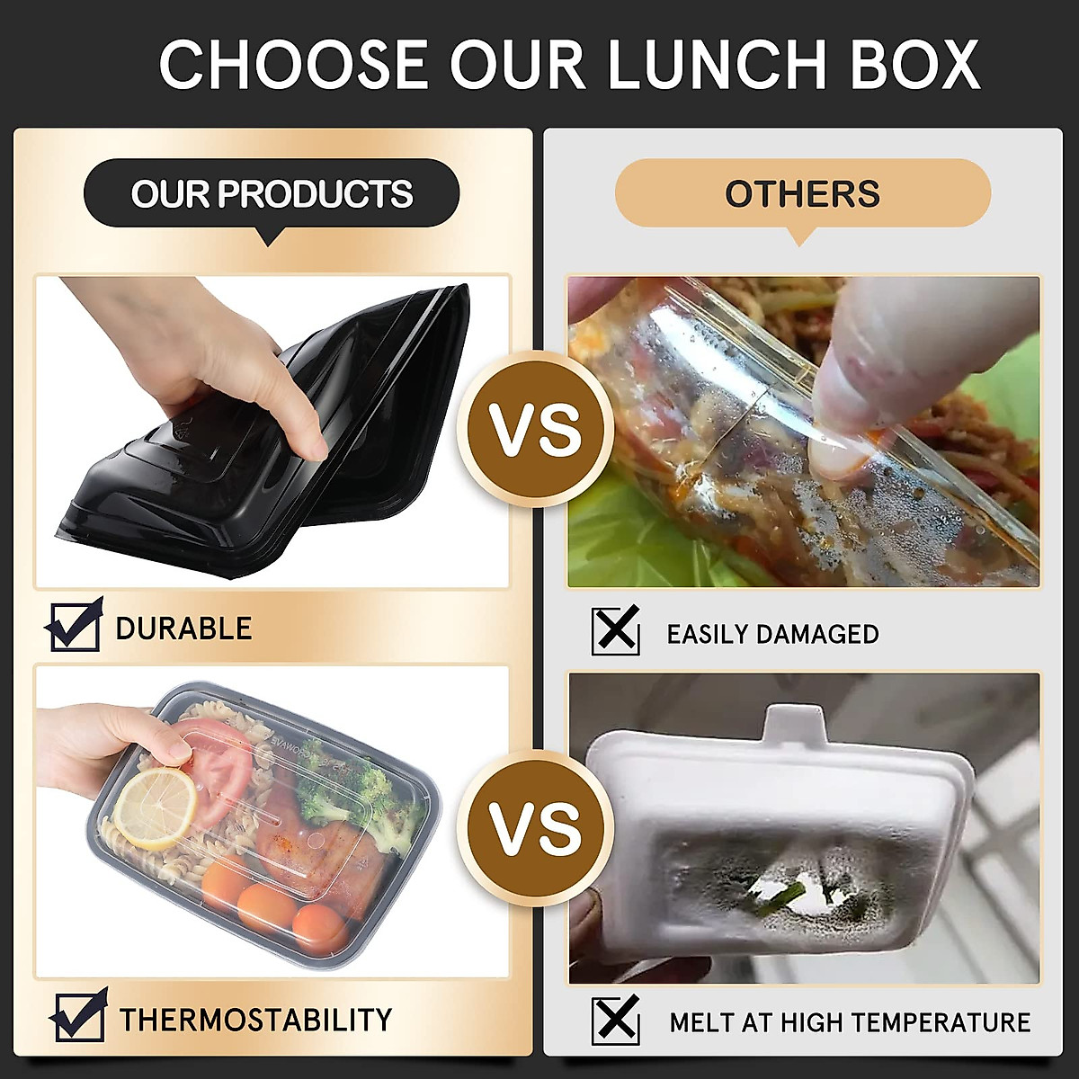 Ensbelei 25oz Meal Prep Containers with Lids, 50Pcs Extra-Thick Meal Prep Container Reusable, Disposable Black Lunch Boxes, Stackable, Microwaveable & Freezer Dishwasher Safe