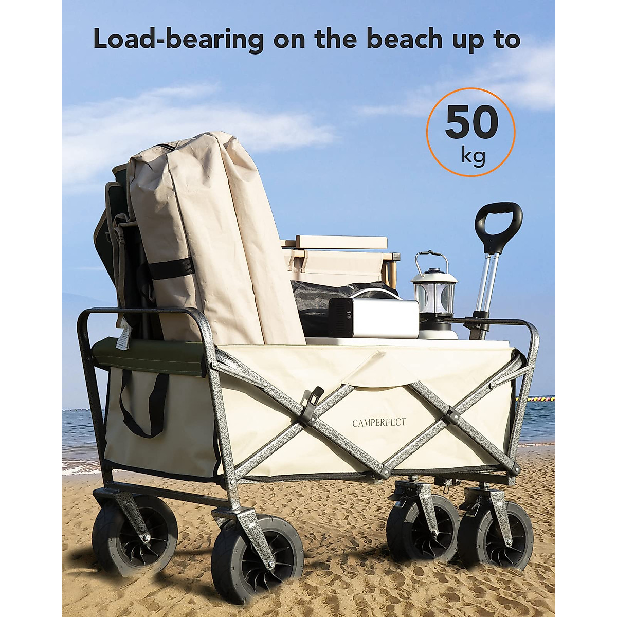 CAMPERFECT Beach Wagon with Big Wheels - All-Terrain Outdoor Cart for Camping, Sports, Shopping - Foldable Wagon with Adjustable Handle