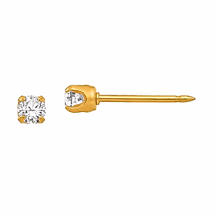 14K Yellow Gold 3mm Rhinestone Crystals Stud Earrings Ear Piercing Studs April Birthstone Jewelry
