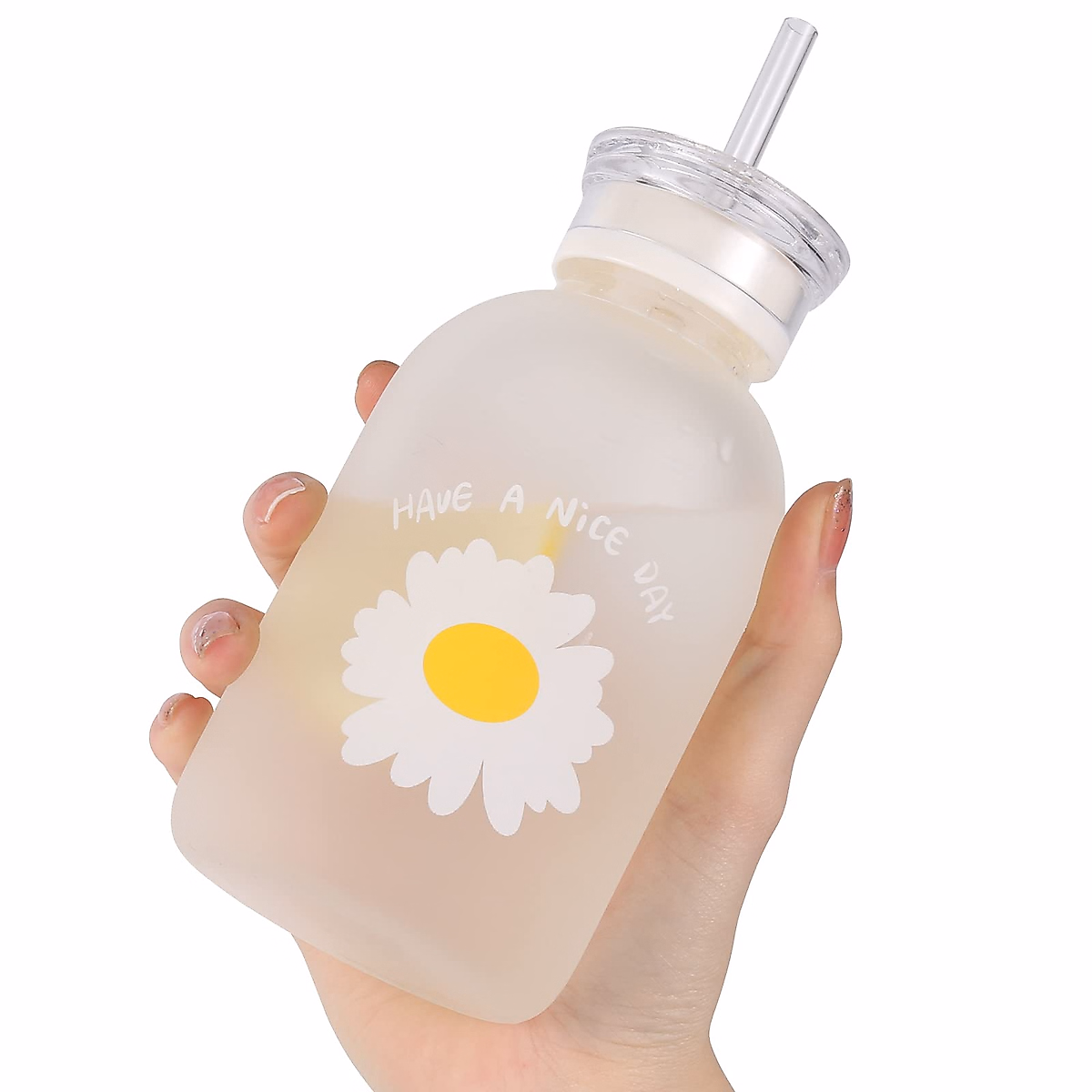 ASTROWORLD WISH YOU WERE HERE 16.9oz(480ml) Milk Juice Water Bottle with Scale,2 Lids and 2 straws Little daisy Matte Portable glass Water Cup, One Flower Grass Bottles Creative Handy Cup