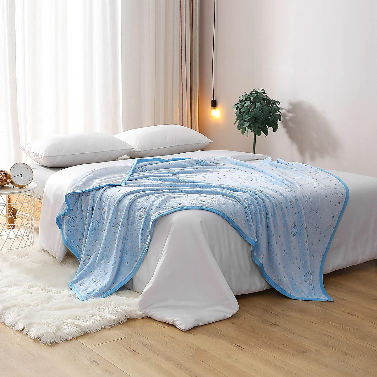 Glow in The Dark Throw Blanket for Kids, Soft Fleece Blanket for Couch Bed, Outdoor Fuzzy Blanket with Galaxy Planet Pattern, Birthday Gifts for Girls Boys and Toddler Blue 50x60 Inch