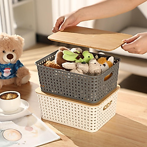 Barydat 4 Pack Plastic Storage Baskets with Bamboo Lid Pantry Organization Storage Containers Lidded Storage Bins Container for Shelves Drawers Desktop Closet Playroom Classroom Office (White)