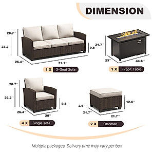 VICLLAX 8 Pieces Wicker Patio Furniture Set with Fire Pit Table 44.8" Metal Top, 3-Seat Sofa, 4 Single Chairs, 2 Ottomans, Outdoor Conversation Set for Garden, Poolside, Backyard, Beige Cushion