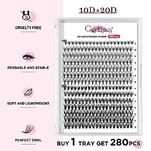 280 PCS Individual Lashes Cluster DIY Lash Clusters 10D 20D D Curl 8-15mm Cluster Lashes DIY Individual Eyelashes Lashes Wisps Reusable Soft Mini Cluster Eyelash Extensions at Home (10D/20D D 8-15mm)