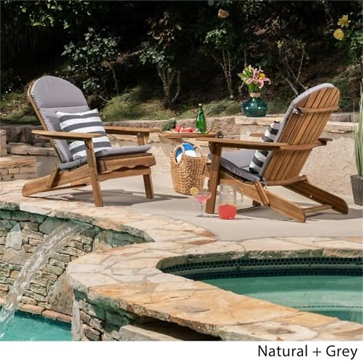 Noble House Malibu Wood Adirondack Chair with Cushion (Set of 2) Natural/Gray